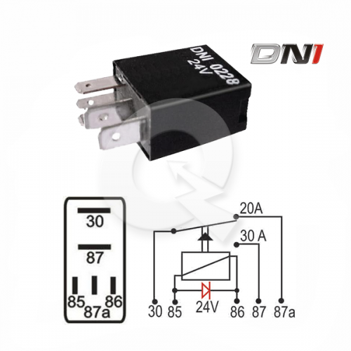 RELAY MINI INVERSOR, 24V 30/20A, C/DIODO, 5T